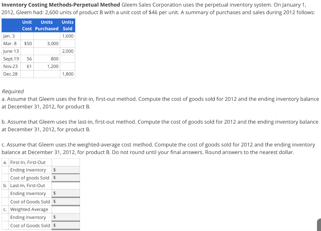 Solved Inventory Costing Methods-Perpetual Method Gleem | Chegg.com