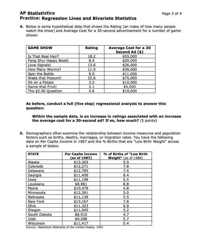 Solved AP Statistics Page 2 of 4 Practice: Regression Lines | Chegg.com