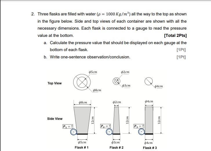 Solved Three flasks are filled with water (𝜌 = 1000 𝐾𝑔 | Chegg.com
