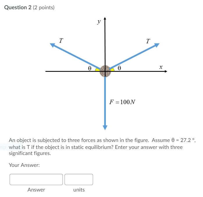 Solved Question 2 (2 points) y T T Ꮎ x F = 100N An object is | Chegg.com
