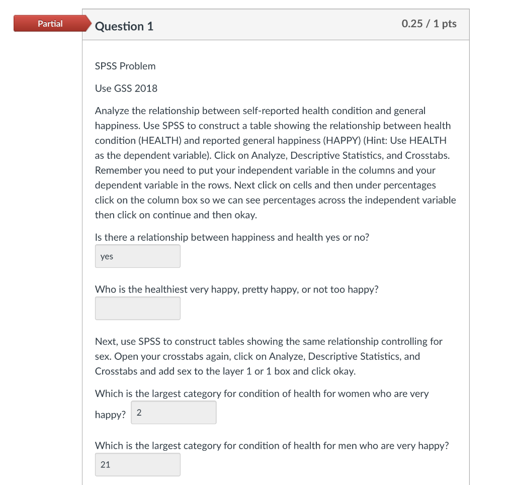 Solved Partial Question 1 0.25 / 1 pts SPSS Problem Use GSS | Chegg.com