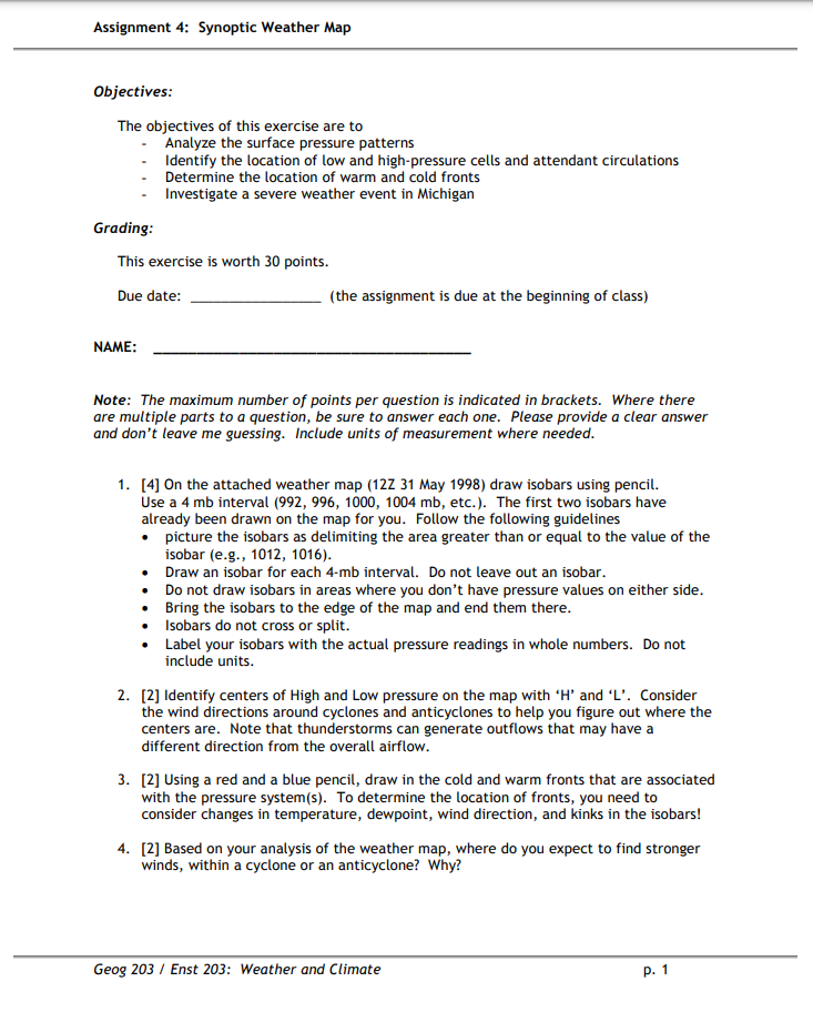 Solved Surface data for 12 Z 31 May 1998 Geog 203 / Enst | Chegg.com