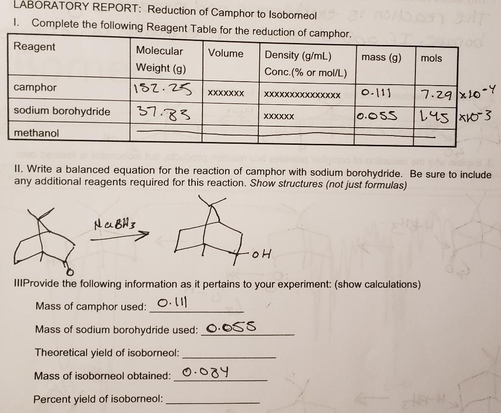 Solved Hello! All I need is: Theoretical yield of isoborneol | Chegg.com