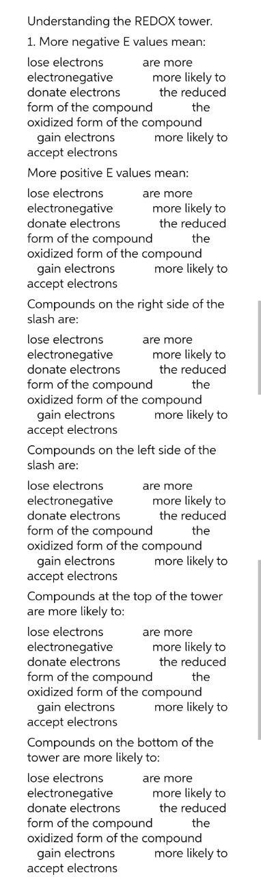 Understanding the REDOX tower. 1. More negative E | Chegg.com