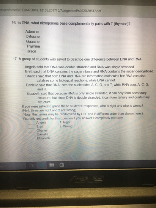 Solved In DNA, what nitrogenous base complementarily pairs | Chegg.com