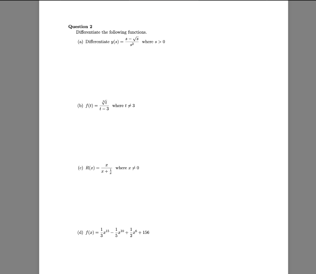 Solved Question 2 Differentiate the following functions. (a) | Chegg.com