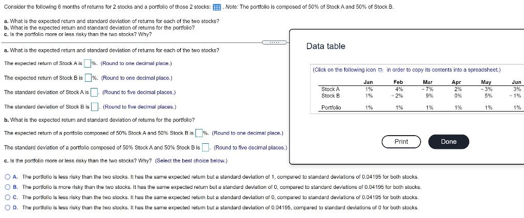 Solved Consider the following 6 months of returns for 2 | Chegg.com