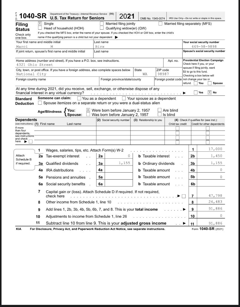 Solved 1040-SR Department of the Treasury - Internal Revenue | Chegg.com