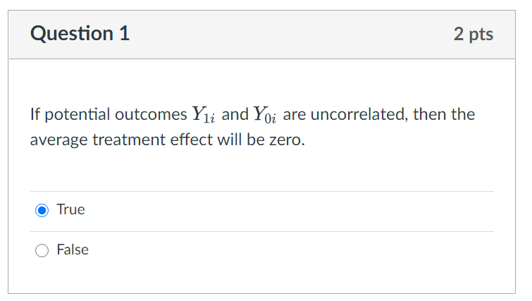 Solved If potential outcomes Y1i and Y0i are uncorrelated, | Chegg.com