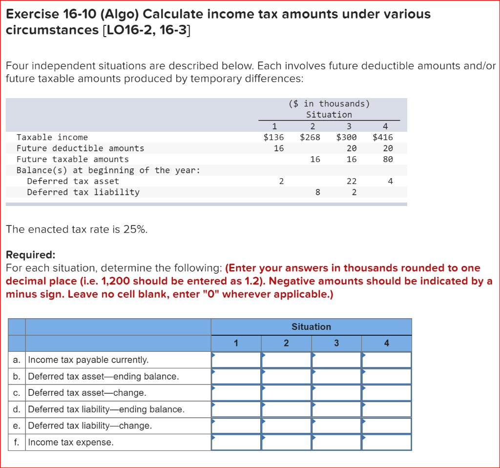 Solved Exercise 16−10 (Algo) Calculate income tax amounts | Chegg.com