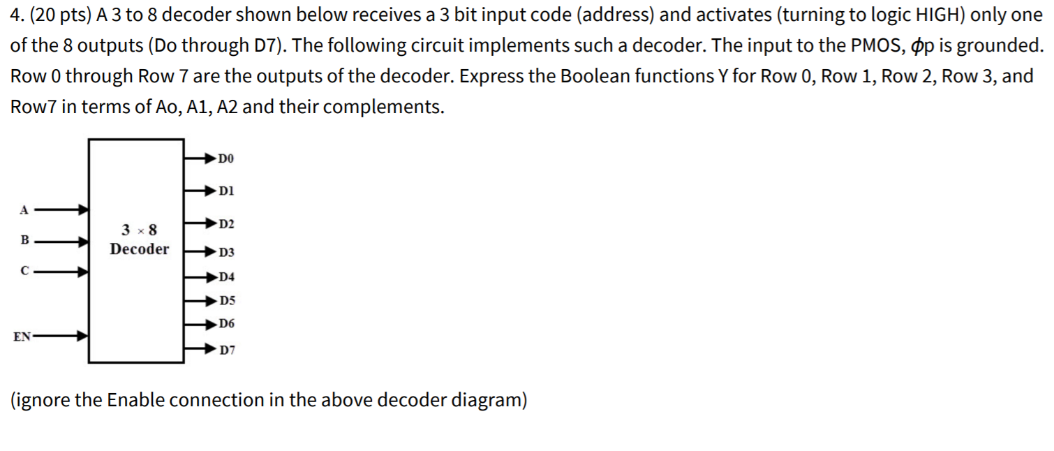 Solved 4. (20 pts) A 3 to 8 decoder shown below receives a 3 | Chegg.com