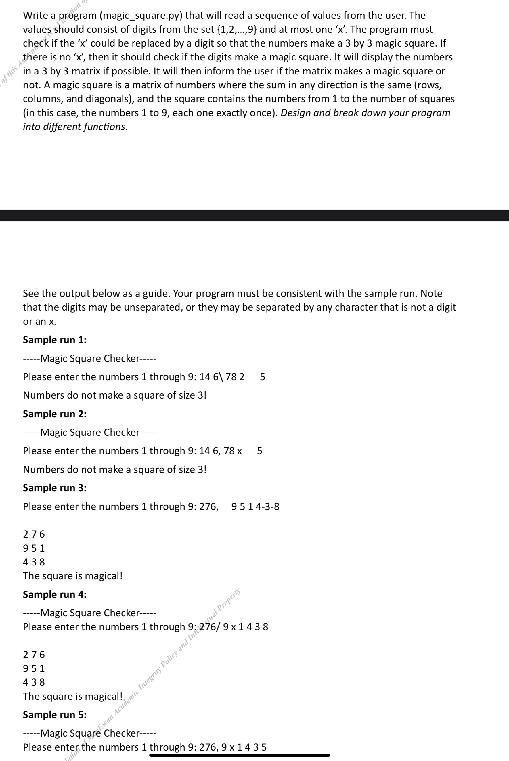 Solved Write a program (magic_square.py) ﻿that will read a | Chegg.com
