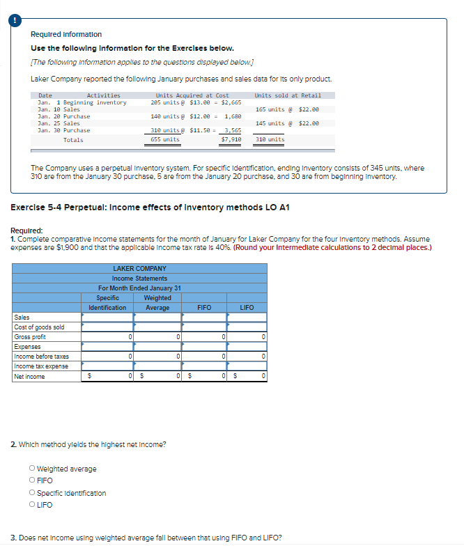 Solved Required information Use the following Information | Chegg.com