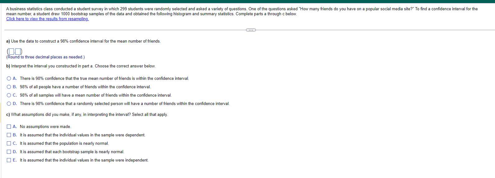 Solved mean number, a student drew 1000 bootstrap samples of | Chegg.com
