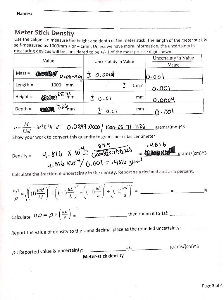 Solved Names: Meter Stick Density Use the caliper to measure | Chegg.com
