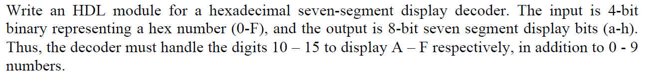 Solved Write an HDL module for a hexadecimal seven-segment | Chegg.com