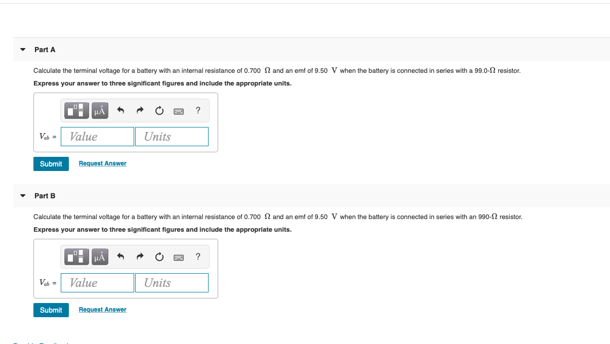 Solved Part A Calculate the terminal voltage for a battery | Chegg.com
