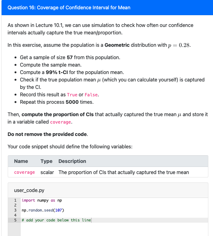 Question 16: Coverage of Confidence Interval for Mean | Chegg.com