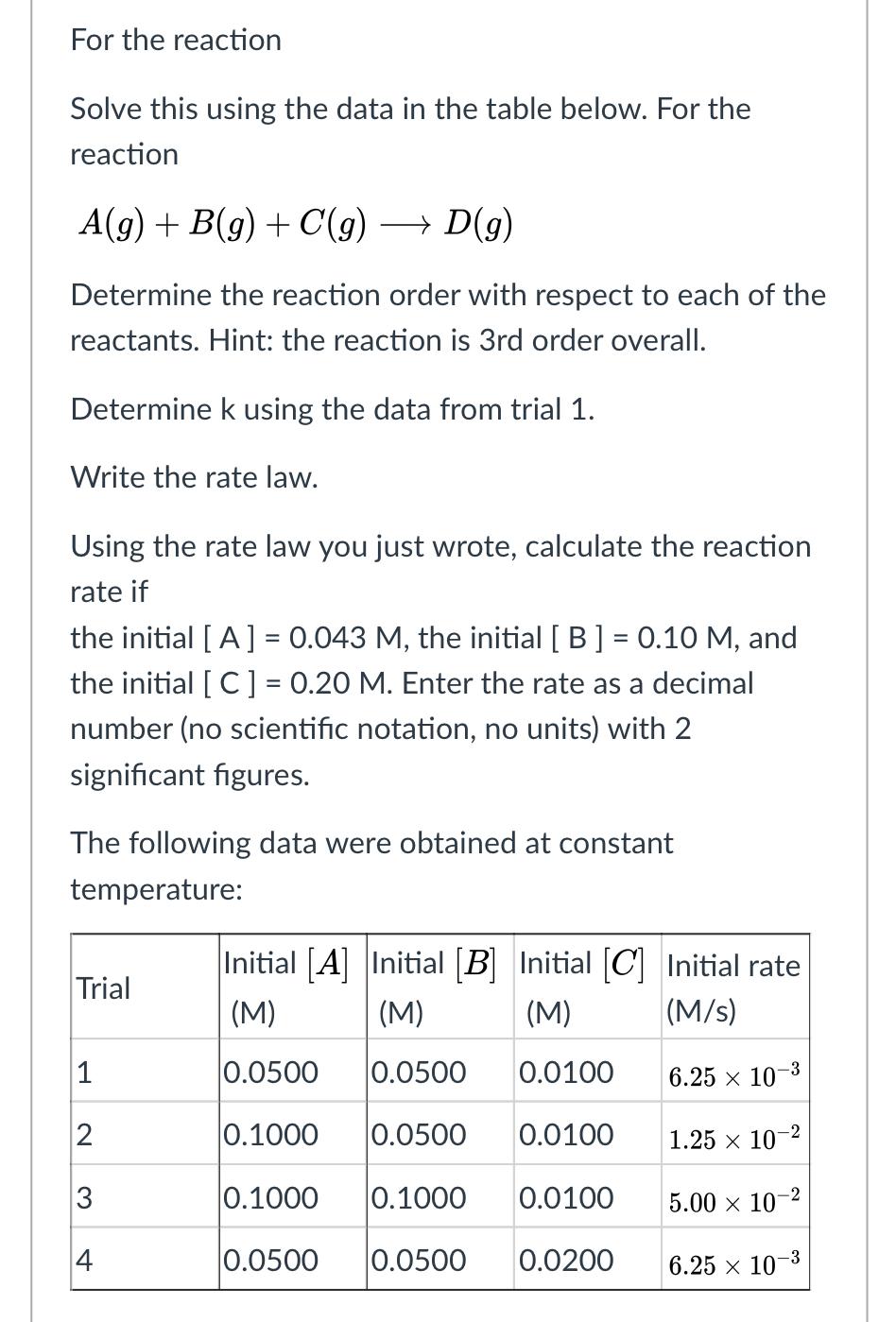 Solved For the reaction Solve this using the data in the | Chegg.com