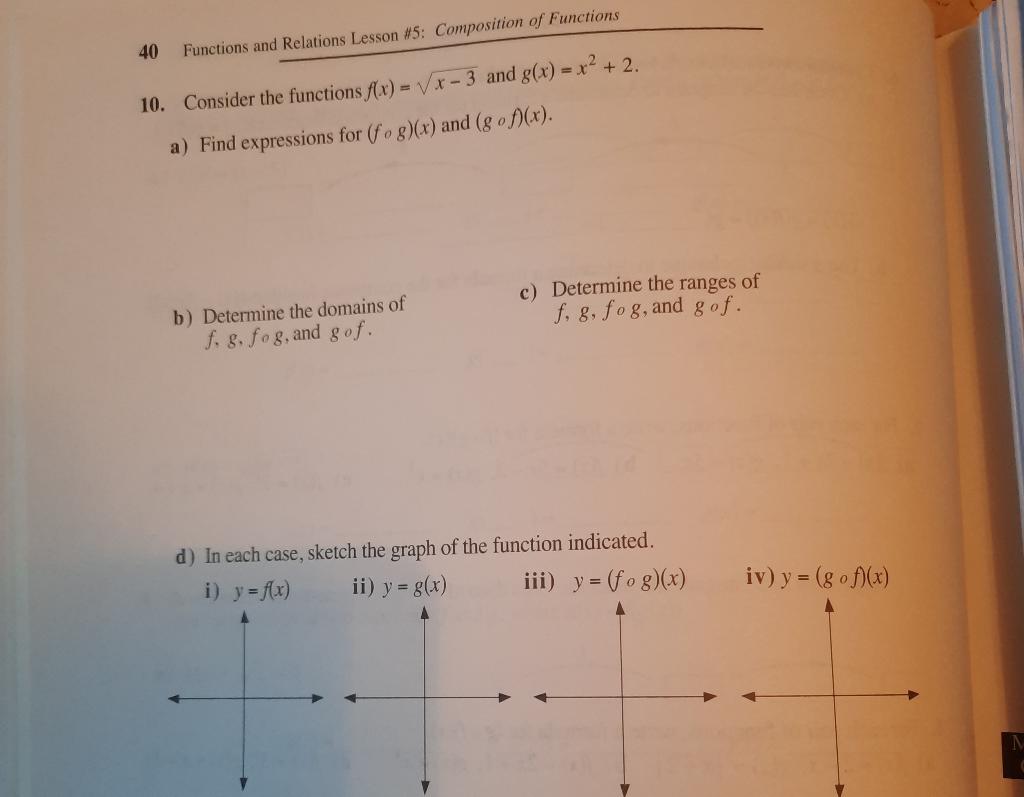 Solved 10. Consider the functions f(x)=x−3 and g(x)=x2+2. a) | Chegg.com