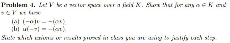 Solved Problem 4. Let V be a vector space over a field K. | Chegg.com
