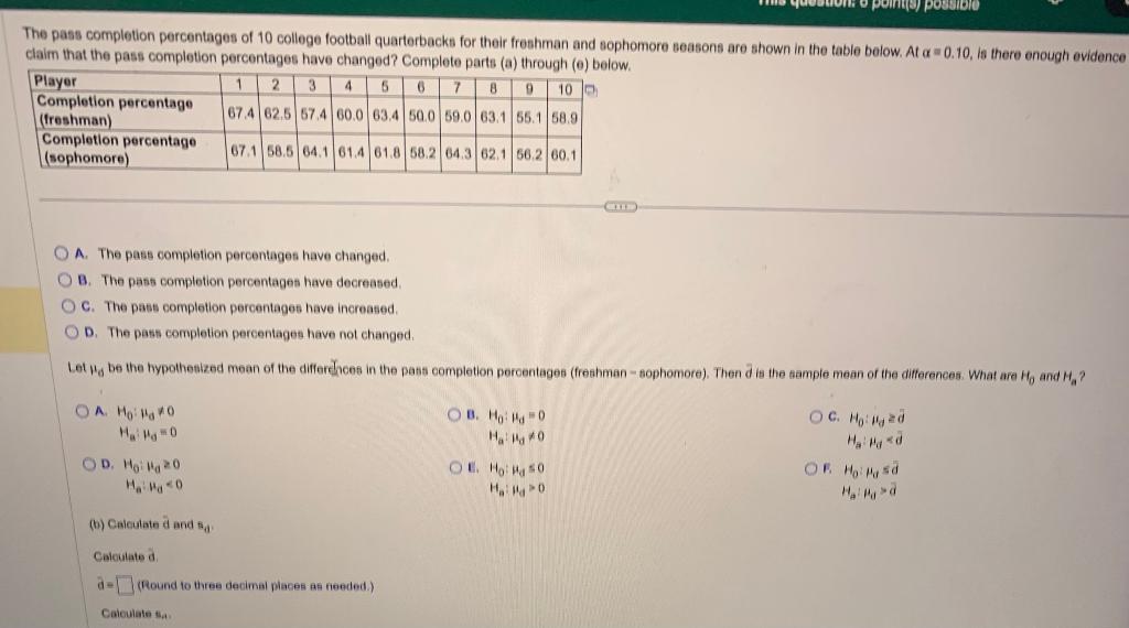 Solved The pass completion percentages of 10 college | Chegg.com