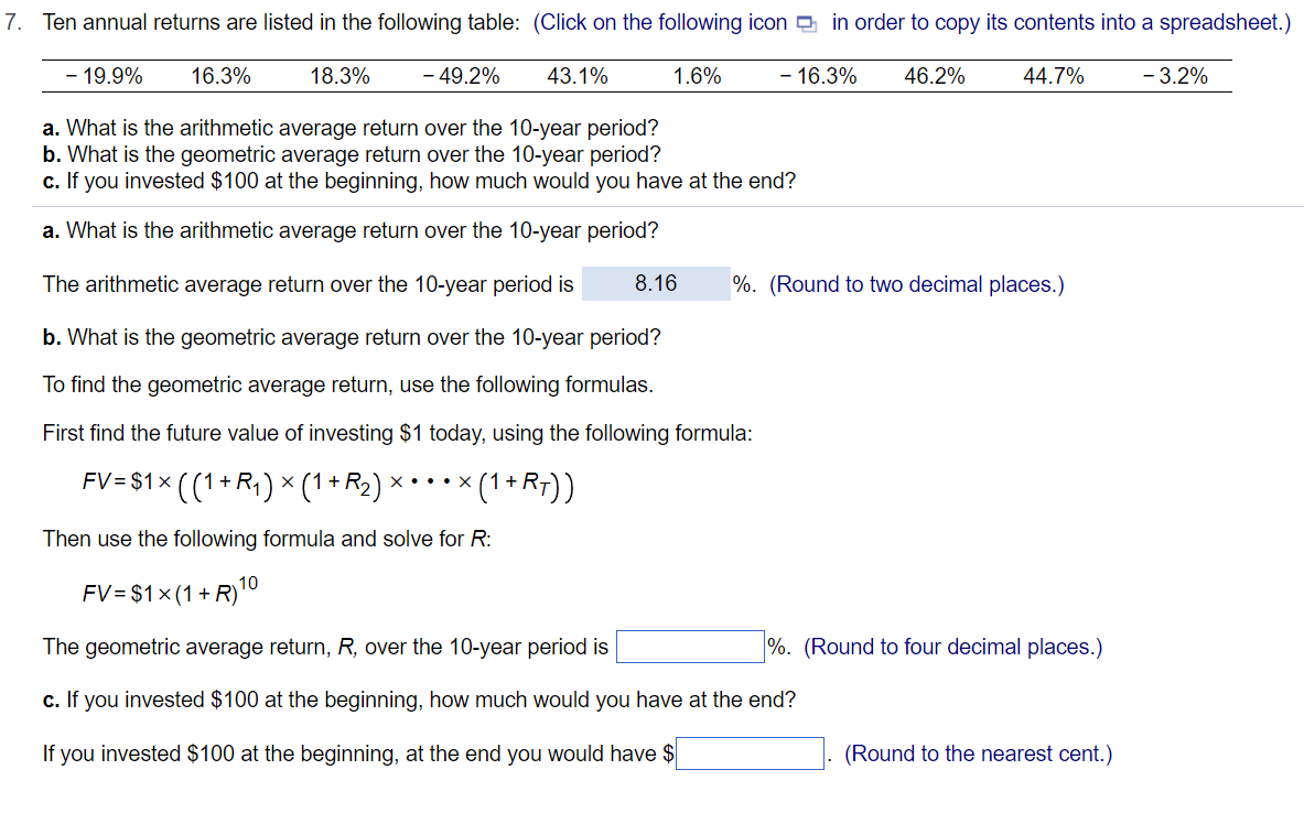 Solved a. What is the arithmetic average return over the | Chegg.com