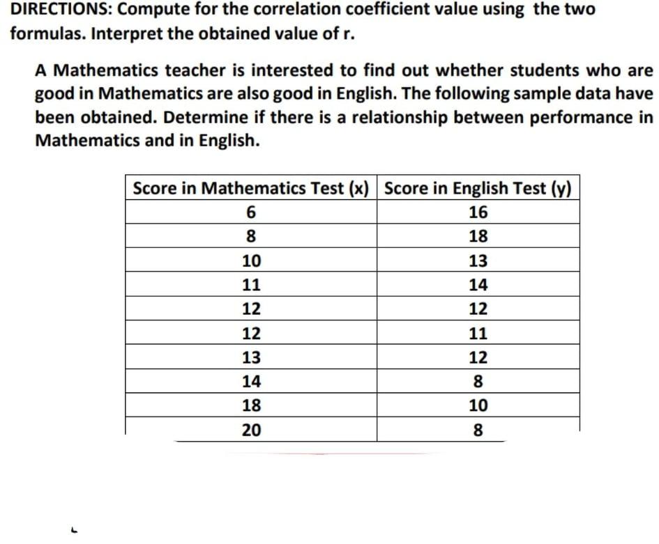 Solved DIRECTIONS: Compute for the correlation coefficient | Chegg.com