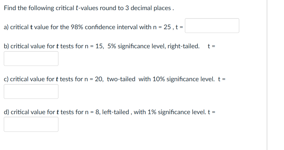 Solved Find the following critical t-values round to 3 | Chegg.com