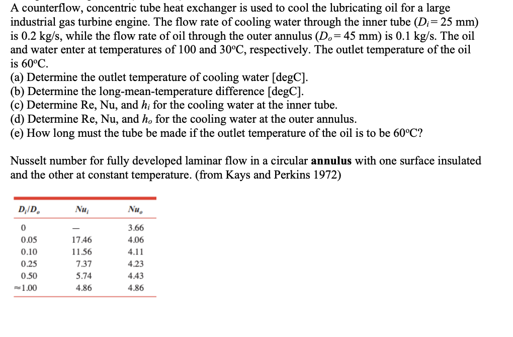 Solved A counterflow, concentric tube heat exchanger is used | Chegg.com