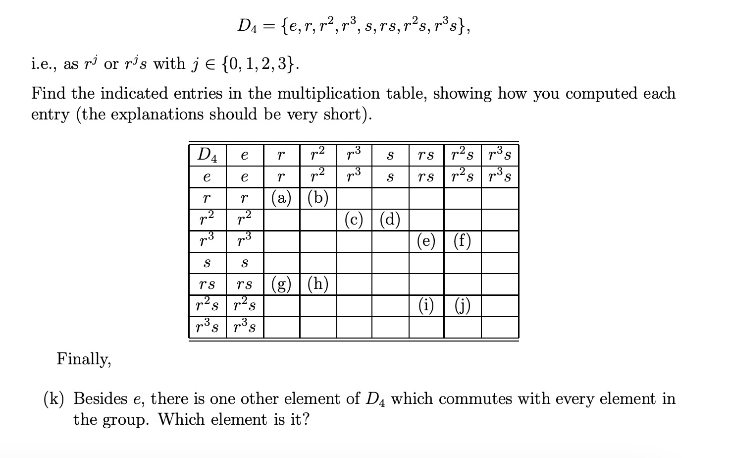 Solved D4={e,r,r2,r3,s,rs,r2s,r3s} i.e., as rj or rjs with | Chegg.com