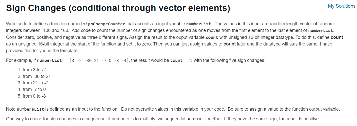 Solved Sign Changes (conditional through vector elements) My | Chegg.com