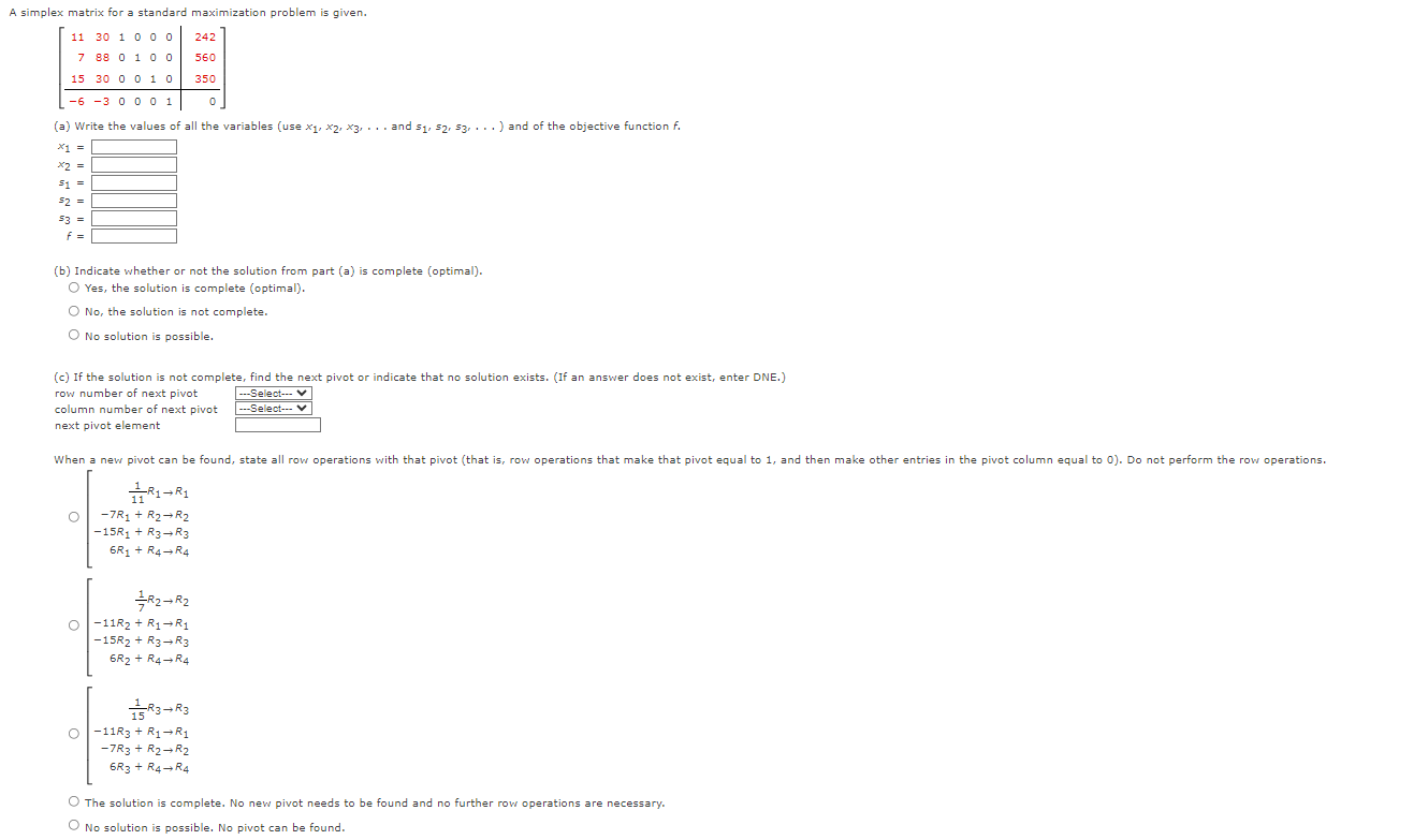Solved A simplex matrix for a standard maximization problem | Chegg.com