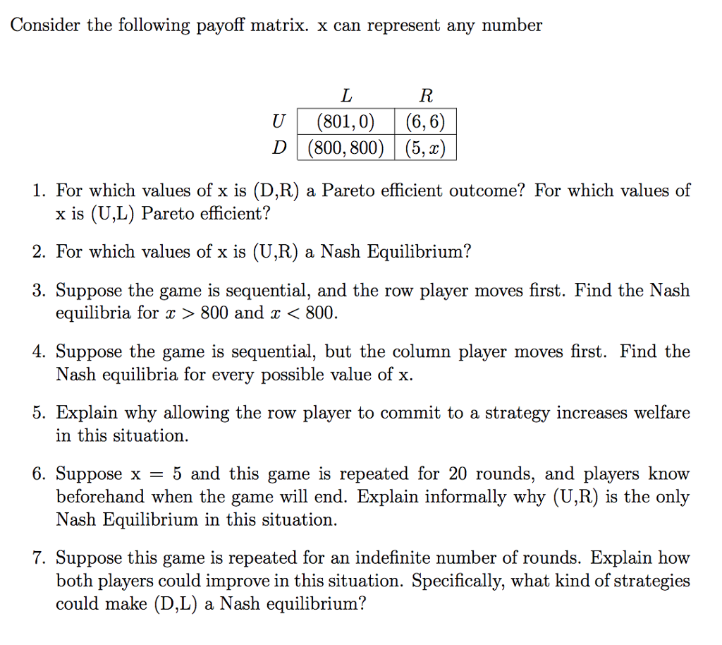 Solved Consider the following payoff matrix. x can represent | Chegg.com