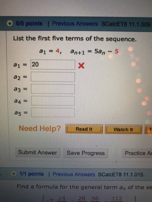 Solved 0/5 points | Previous Answers SCalcET8 11.1.009 List | Chegg.com