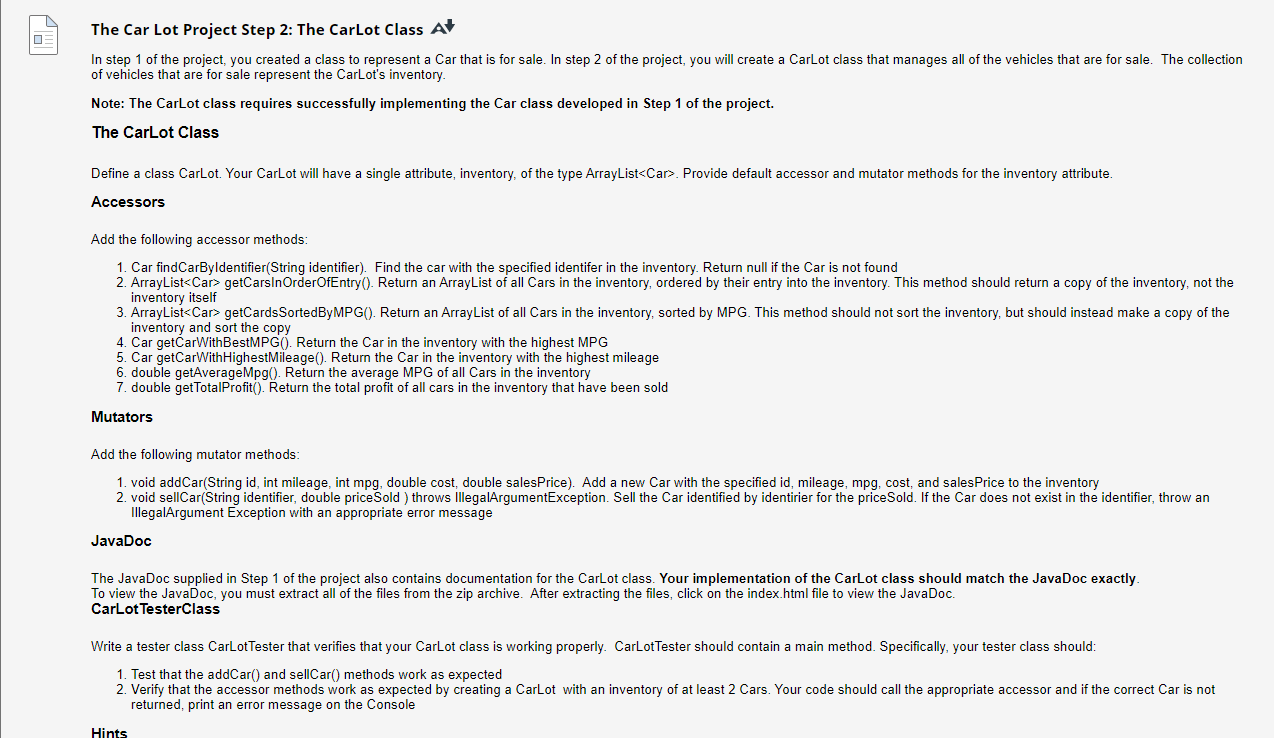 Solved The Car Class Define a new class, Car. The Car class | Chegg.com