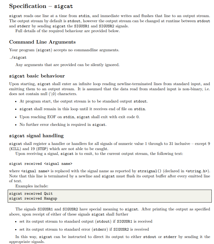 Specification - sigcat sigcat reads one line at a | Chegg.com