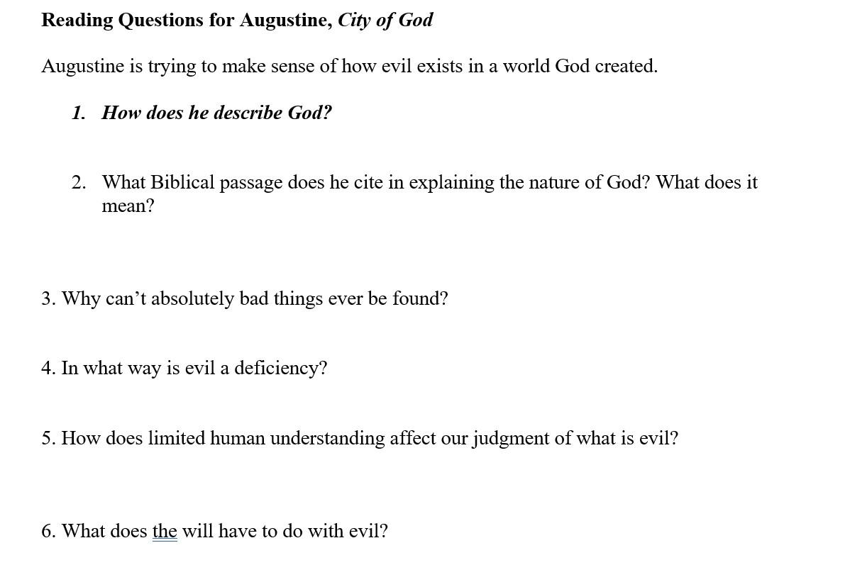 Reading Questions for Augustine, City of God | Chegg.com