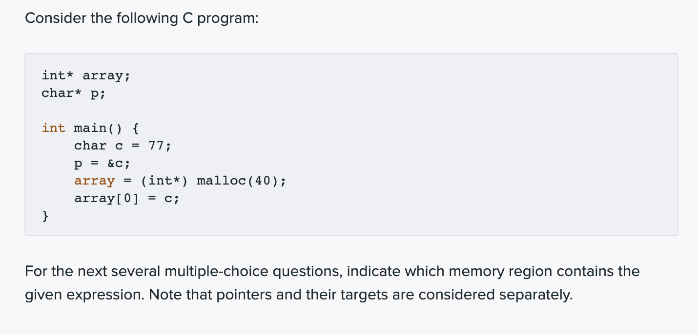 Solved Consider the following C program: int* array; char* | Chegg.com