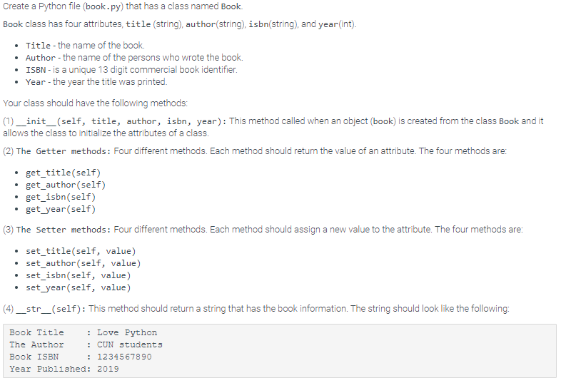 Solved Format: class Book: pass # FIXME 1: define | Chegg.com