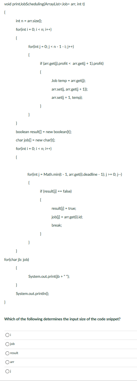 Solved void printJobScheduling(ArrayList arr, int t) { int n | Chegg.com