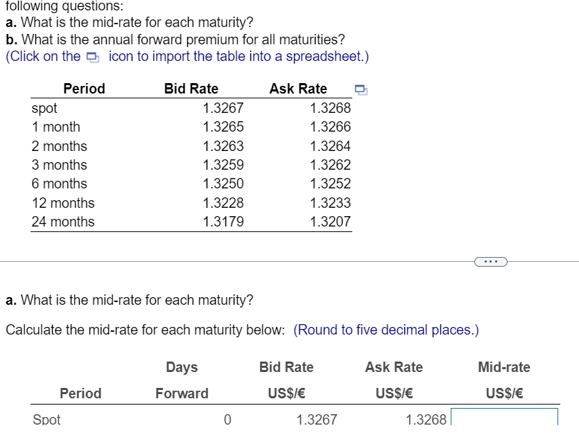 Solved following questions: a. What is the mid-rate for each | Chegg.com
