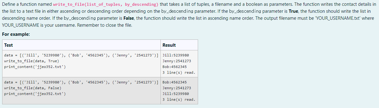 Solved Define a function named write_to_file(list_of_tuples, | Chegg.com