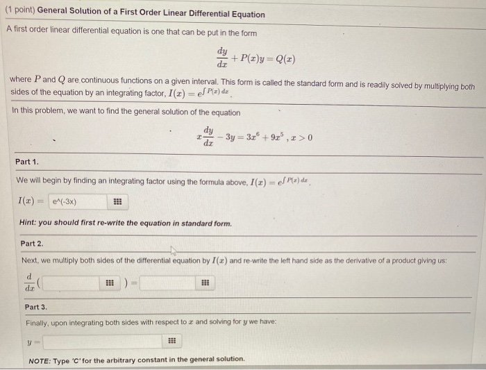 Solved (1 point) General Solution of a First Order Linear | Chegg.com