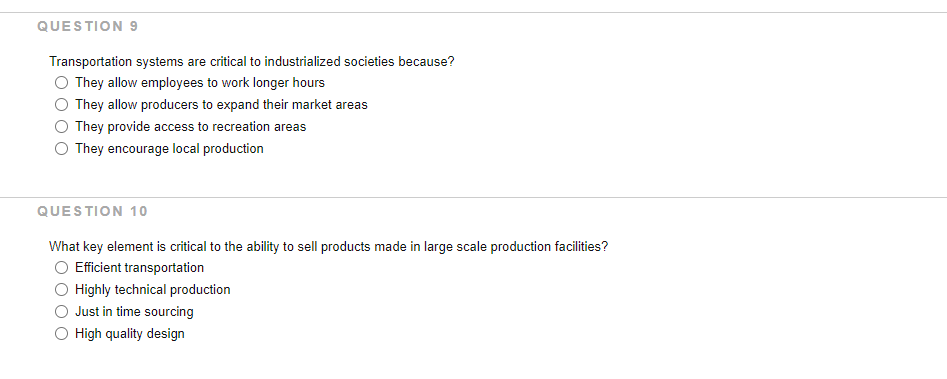 Solved QUESTION 9 Transportation systems are critical to | Chegg.com