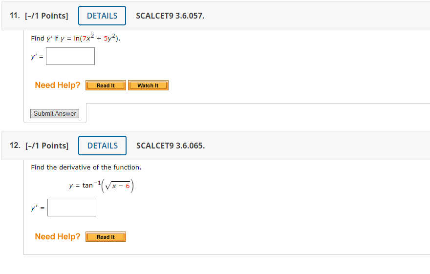 Solved Find y′ if y=ln(7x2+5y2) y′= -/1 Points] [ SCALCET9 | Chegg.com