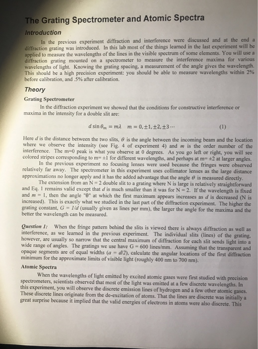 Solved The Grating Spectrometer and Atomic Spectra | Chegg.com