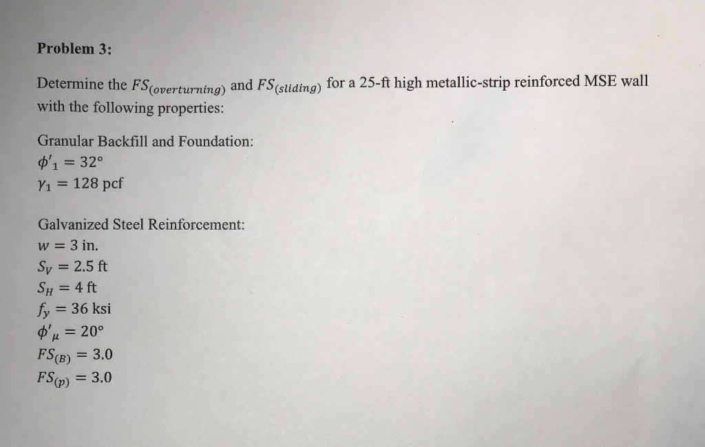 Solved Problem 3: Determine the FS overturning and FS | Chegg.com