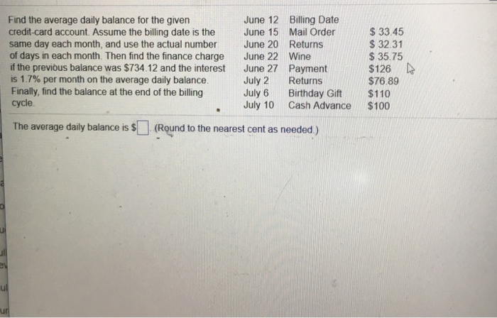 Solved Find the average daily balance (or the given | Chegg.com