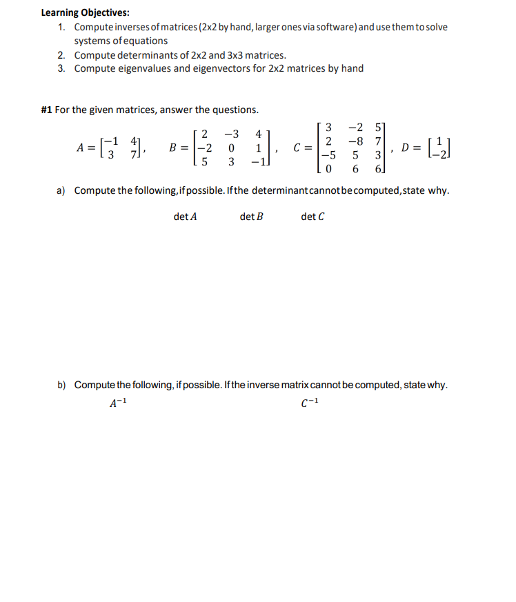 Solved Learning Objectives: 1. Compute inverses of matrices | Chegg.com